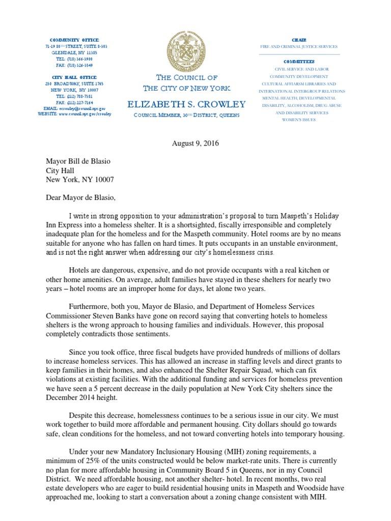 Elizabeth Crowley's Letter Regarding Maspeth Homeless Shelter ...