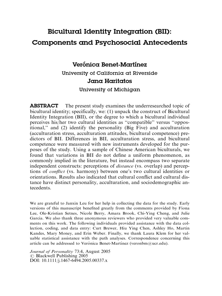 Bicultural Identity Integration PDF | Download Free PDF | Extraversion ...
