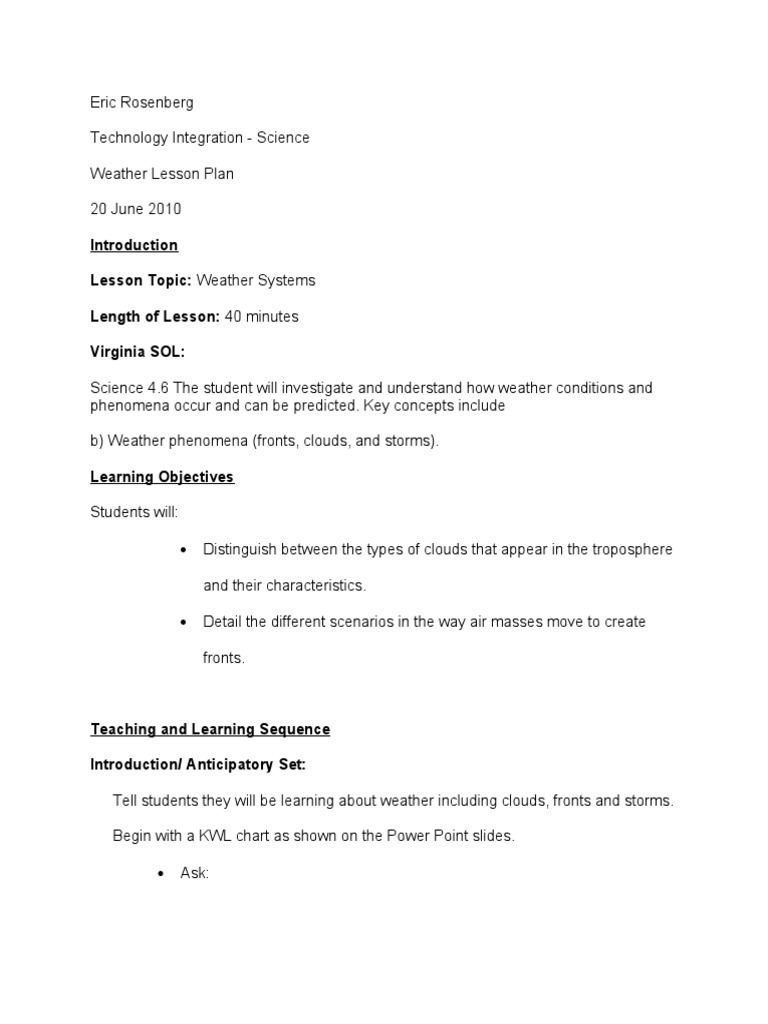 Weather Lesson Plan | PDF | Cloud | Weather