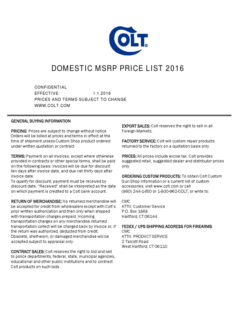 2016 Colt Commercial Price List | PDF | Projectile Weapons | Projectiles