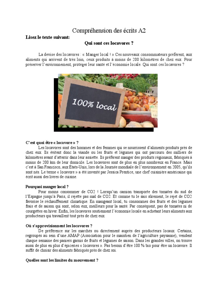 Test d'Evaluation - A2-Comprehension Des Ecrits