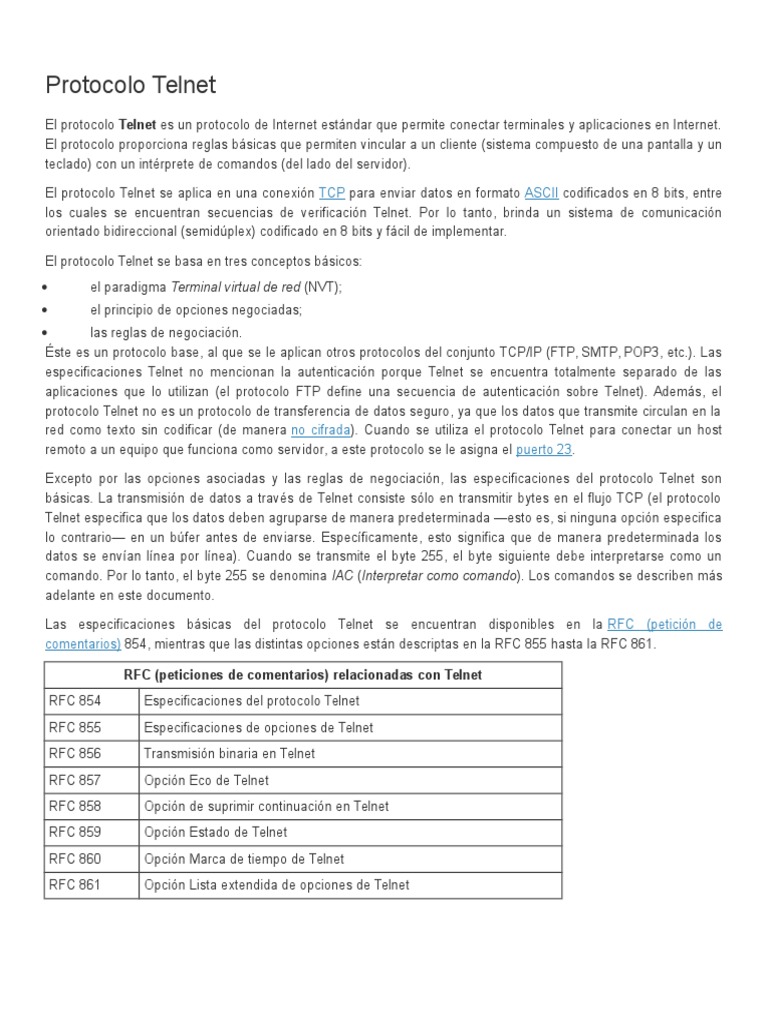 Protocolo Telnet | PDF | Protocolos de internet | Protocolo de Control ...