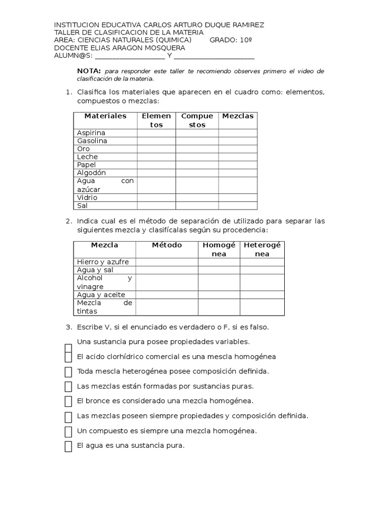 Clasificacion de La Materia Taller | PDF