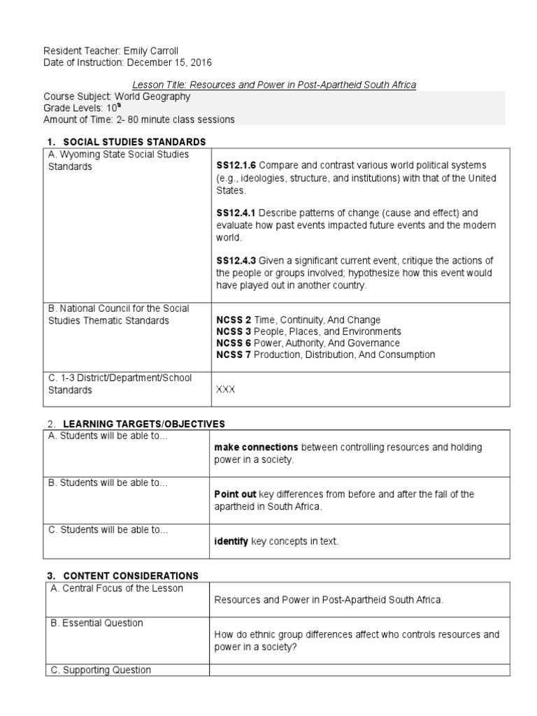 Resources and Power in Post-Apartheid South Africa Lesson Plan | PDF ...