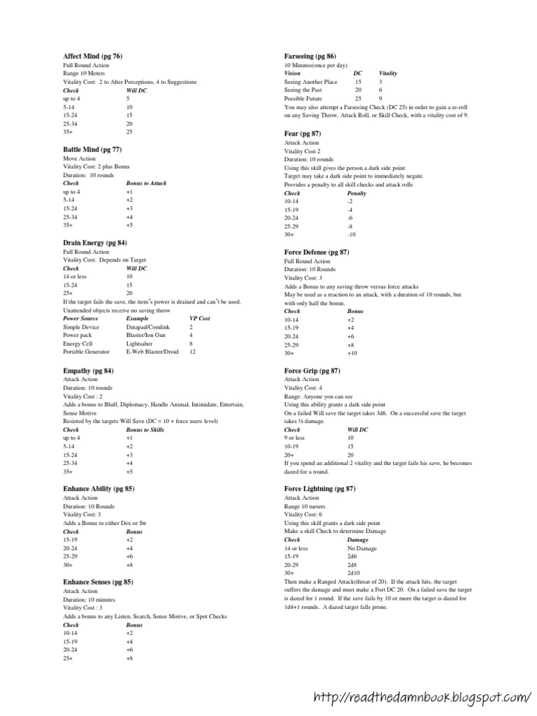 Star Wars D20 Revised Force Skills Reference Sheet | PDF | Leisure
