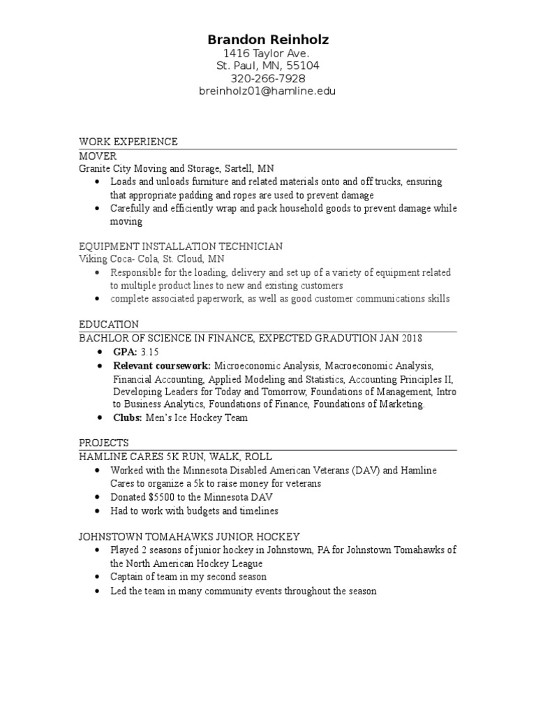 Brandon Reinholz: Resume Overview | PDF