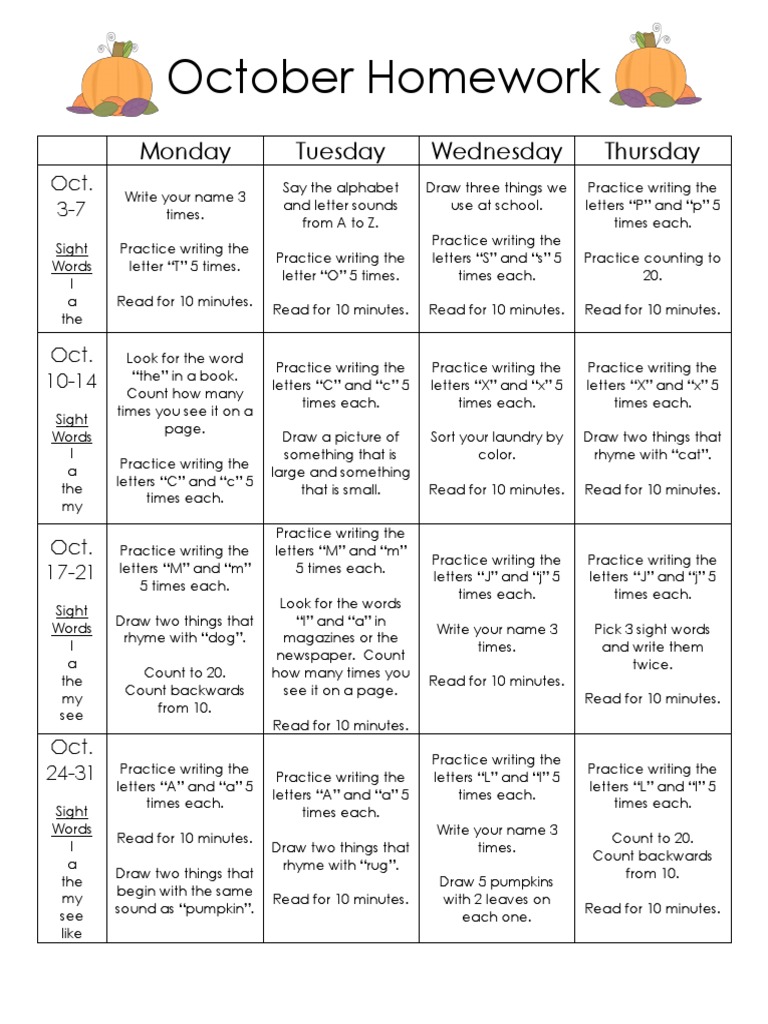 October Homework Activities for Kids | PDF