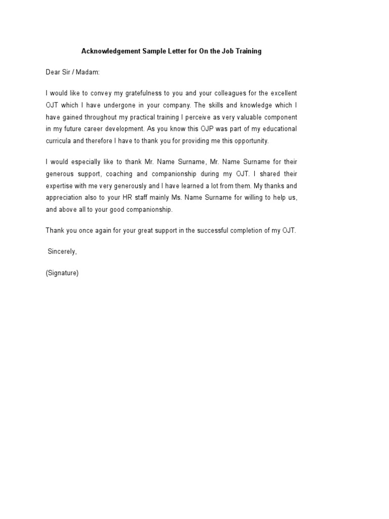 Acknowledgement Sample Letter For On The Job Training PDF