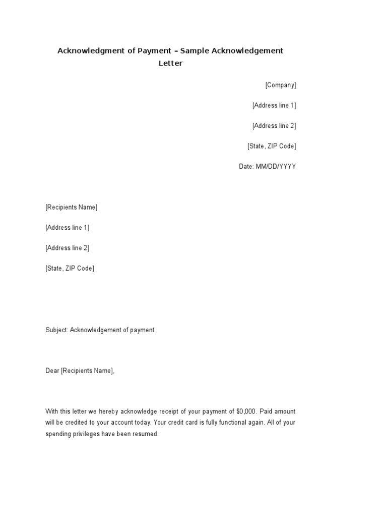 Acknowledgment of Payment - Sample Acknowledgement Letter | PDF