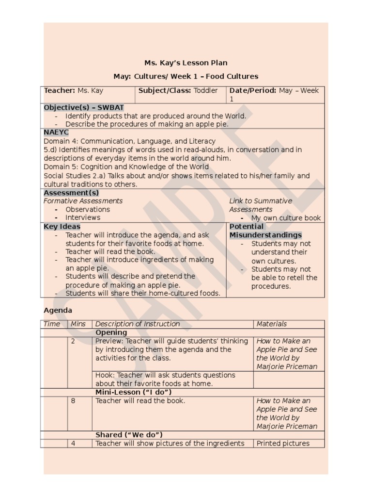 Toddler Lesson Plan: Food Cultures | PDF