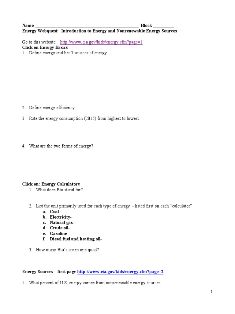 Energy Webquest | PDF | Coal | Petroleum
