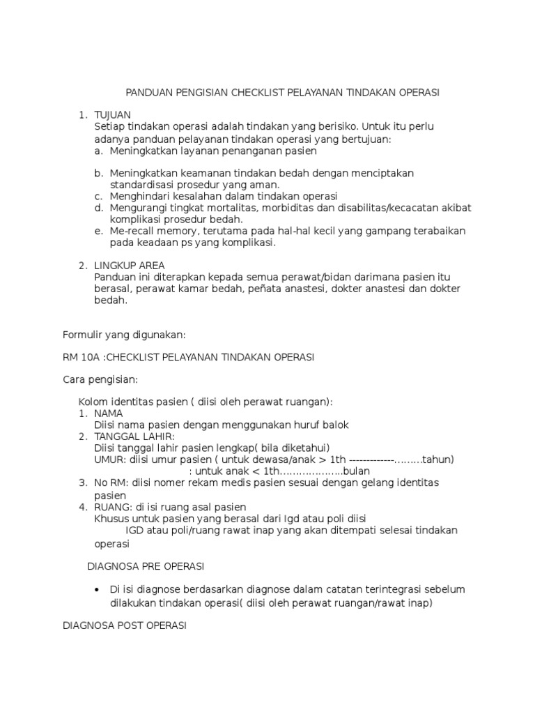 Panduan Pengisian Checklist Pelayanan Tindakan Operasi | PDF