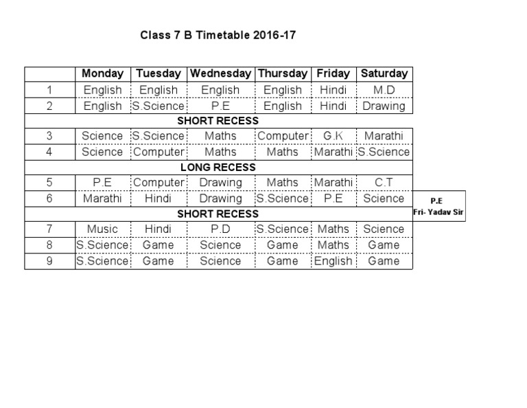 Dip Kale Class 7 B Time Table Horizontal Printing | PDF