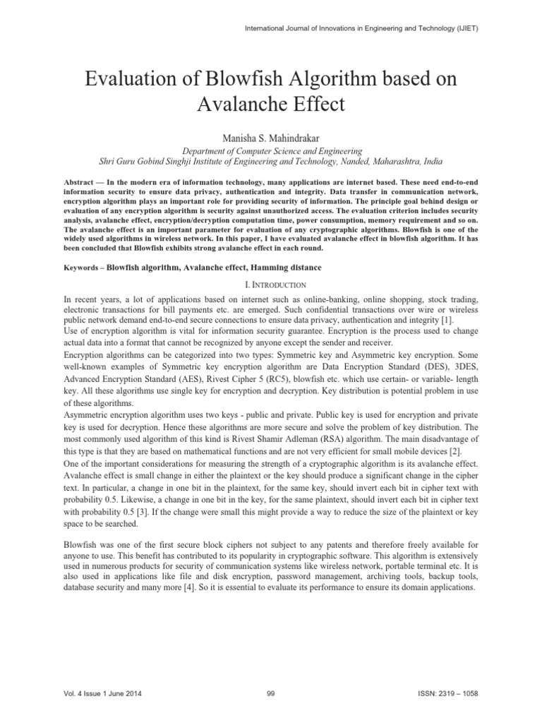 Evaluation of Blowfish Algorithm Based On Avalanche Effect | PDF | Key (Cryptography) | Cryptography