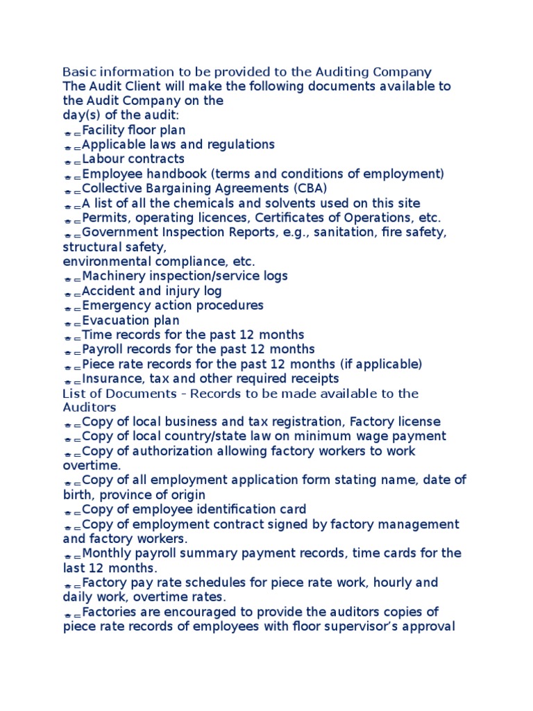 List of Document Req For SMETA Audit | PDF | Piece Work | Overtime