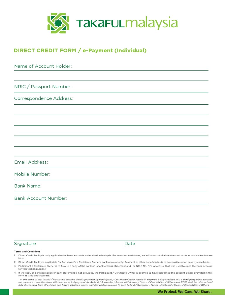 DIRECT CREDIT FORM / E-Payment (Individual) : Name of Account Holder | PDF