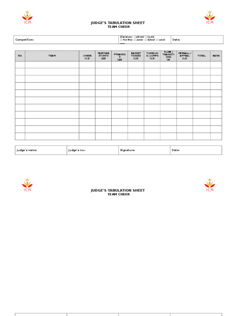 Judge'S Tabulation Sheet: Team Cheer | PDF