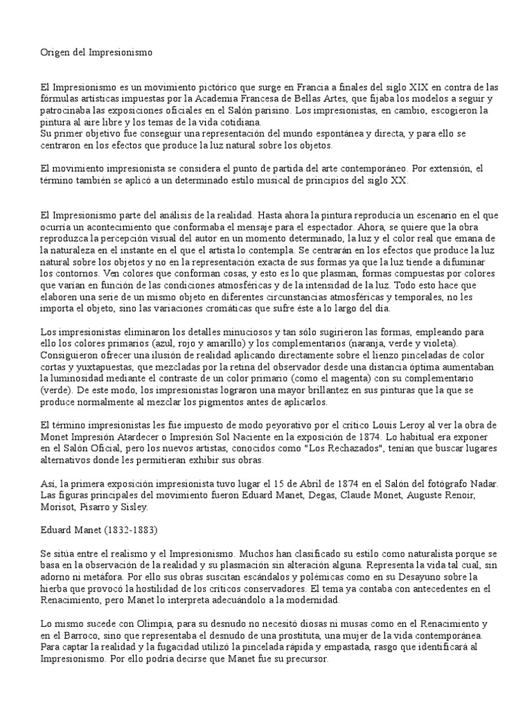 Origen Del Impresionismo | PDF | Impresionismo | Pierre Auguste Renoir