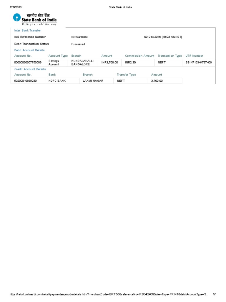 Debit Account Details: INB Reference Number IRB5458439 09 Dec 2016 (10: ...