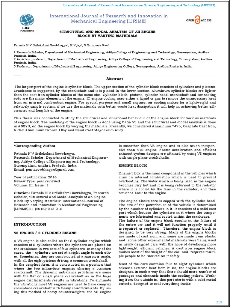 Structural and Modal Analysis of An Engine Block by Varying Materials ...