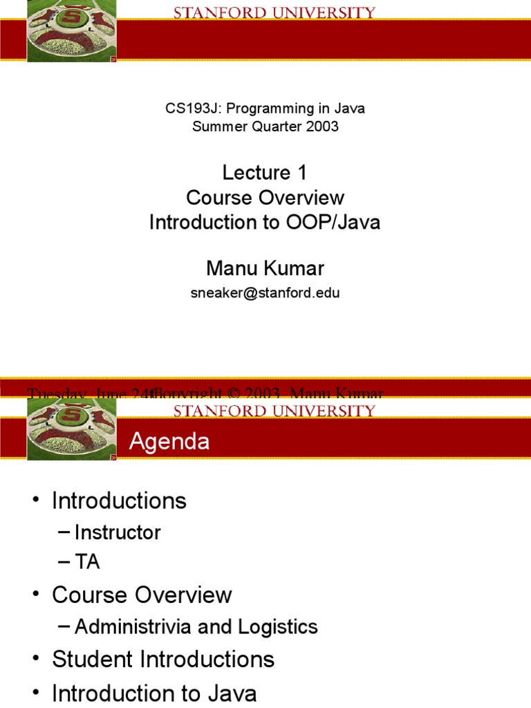 Lecture 01 - CS193J Summer 2003 | PDF | Java (Programming Language) | Class (Computer Programming)