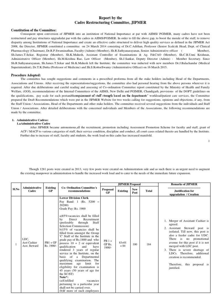 Report by The Cadre Restructuring Committee JIPMER | PDF | Biomedical ...