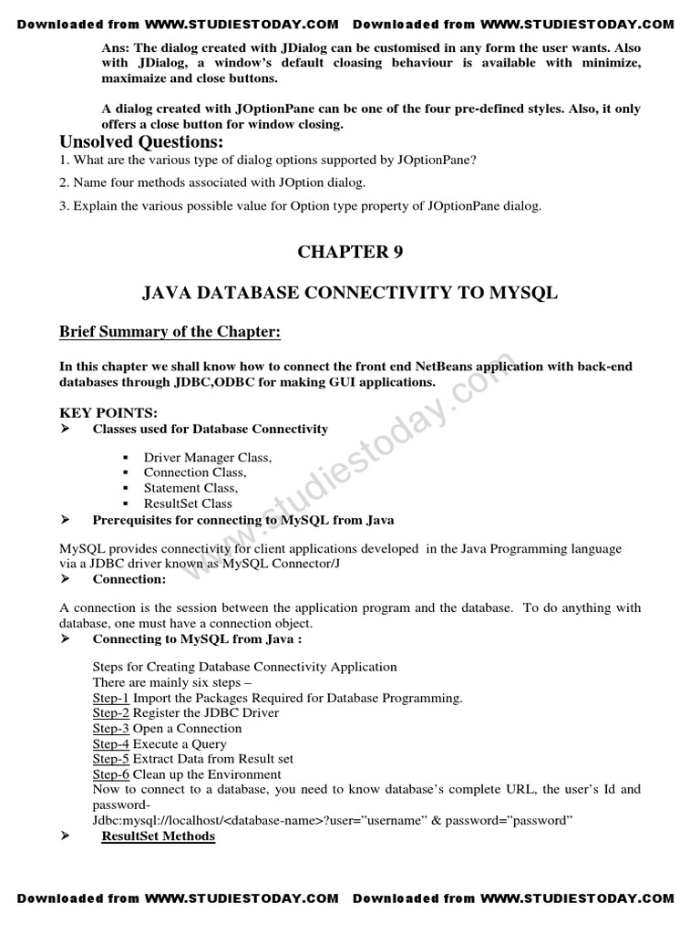 Cbse Class 12 Informatics Practices Java Database Connectivity To Mysql Pdf World Wide Web