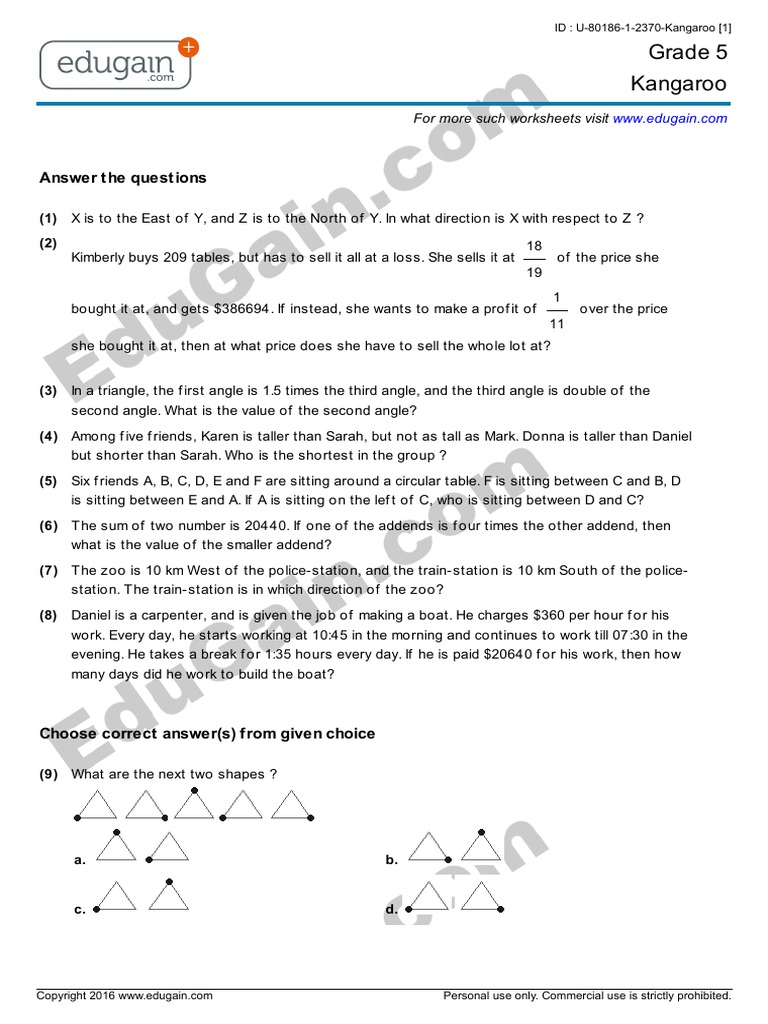 Kangaroo Question Paper Grade 5 | PDF | Teaching Mathematics | Business