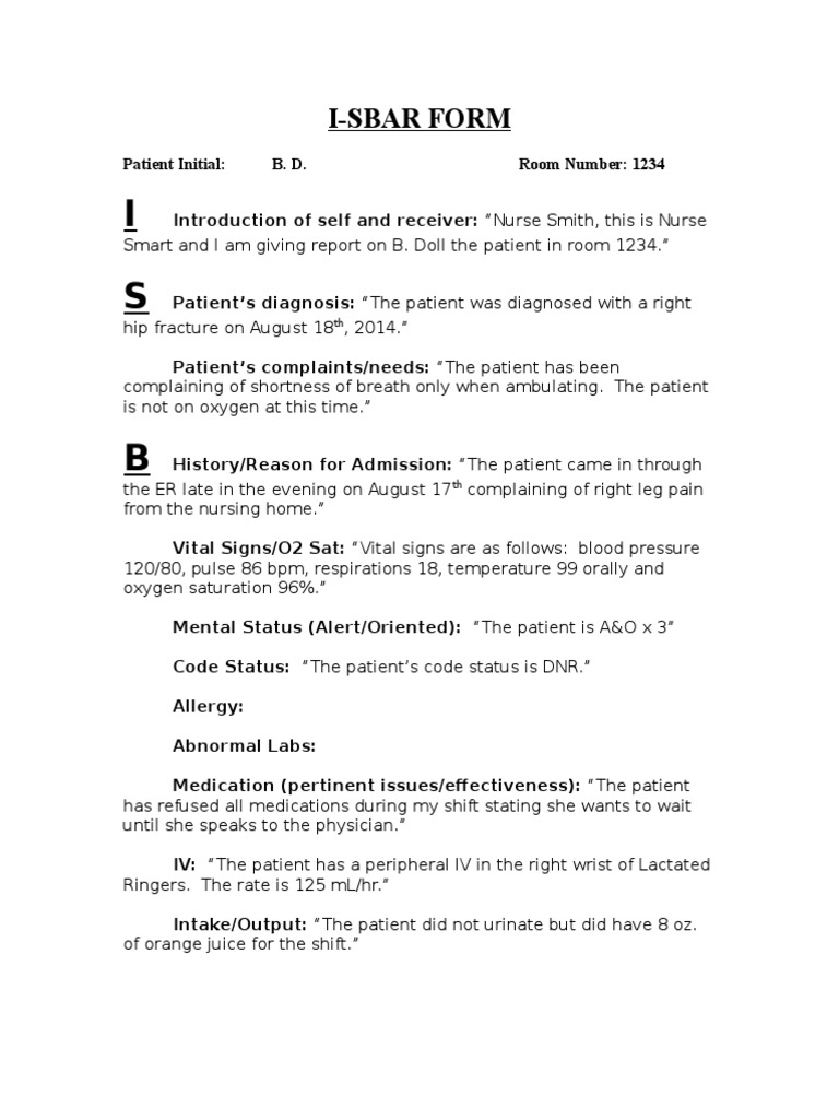 ISBAR Form Instructor Answer Key Attachment 4