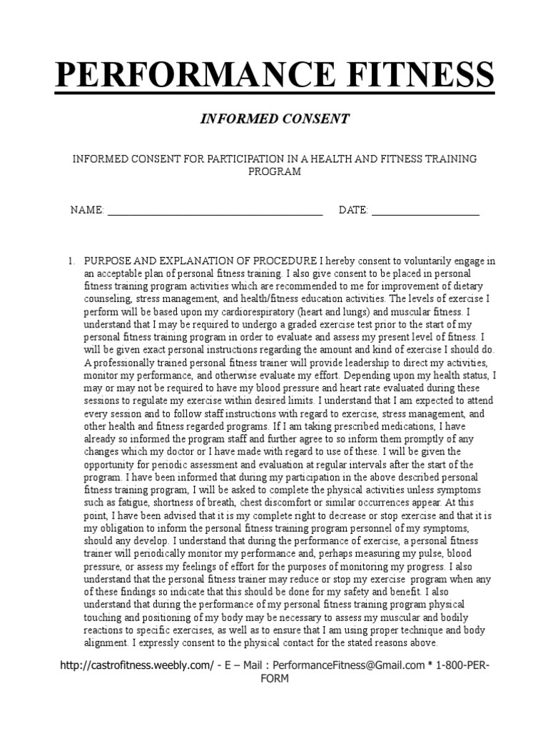 Performance Fitness Informed Consent | Physical Fitness | Personal Trainer