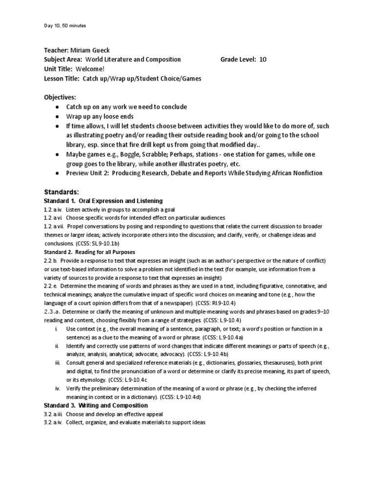 Unit 1 Day 10 Lesson 10 | PDF | Word | Cognitive Science