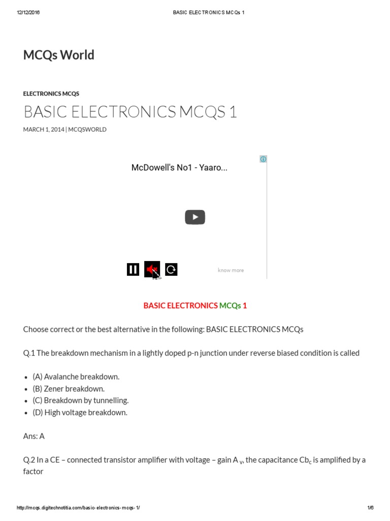 Basic Electronics Mcqs 1 | PDF | Field Effect Transistor | Capacitor