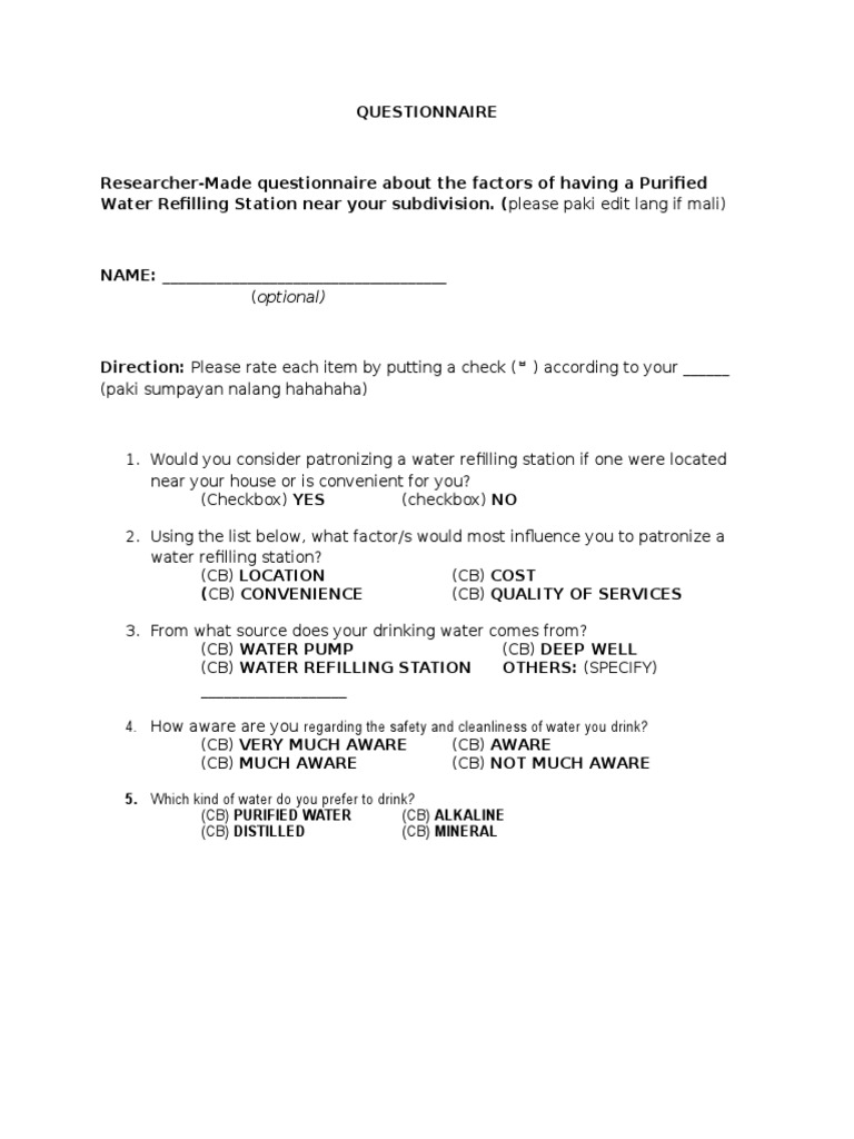 Purified Water Station Survey Questionnaire | PDF