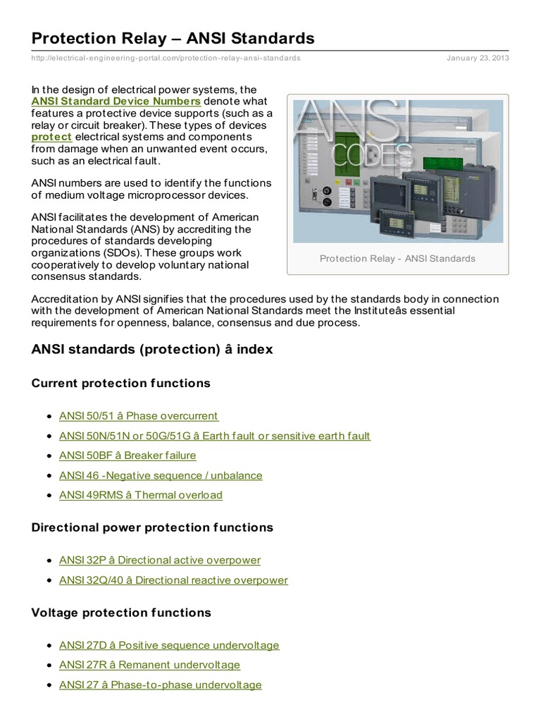 ANSI Protection Relay Functions Overview | PDF | Relay | Transformer