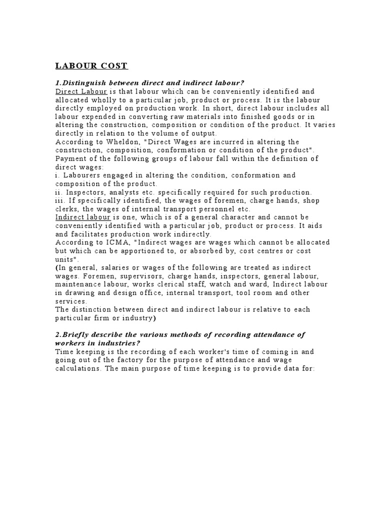Labour Cost: 1.distinguish Between Direct and Indirect Labour? | PDF ...
