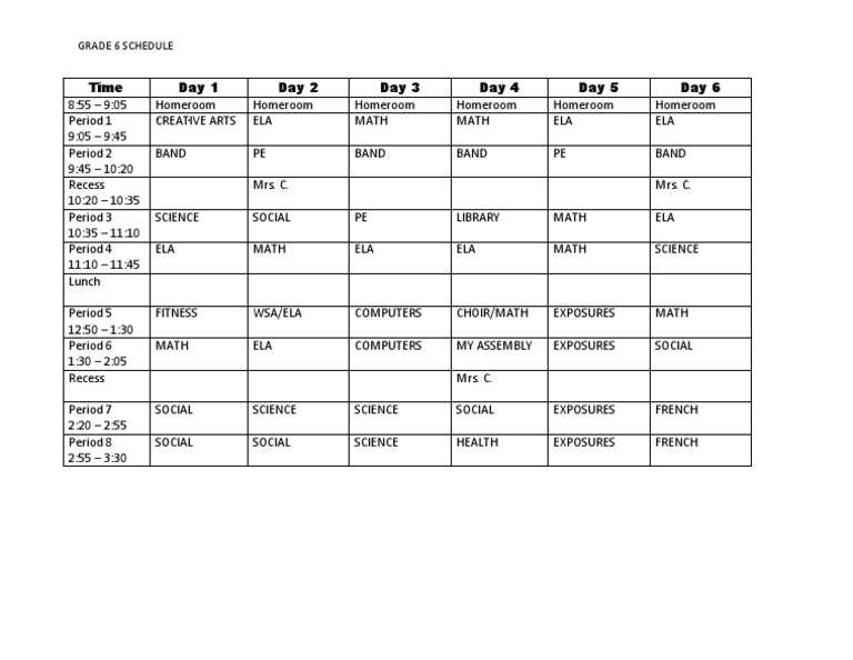 Grade 6 Weekly Class Schedule | PDF