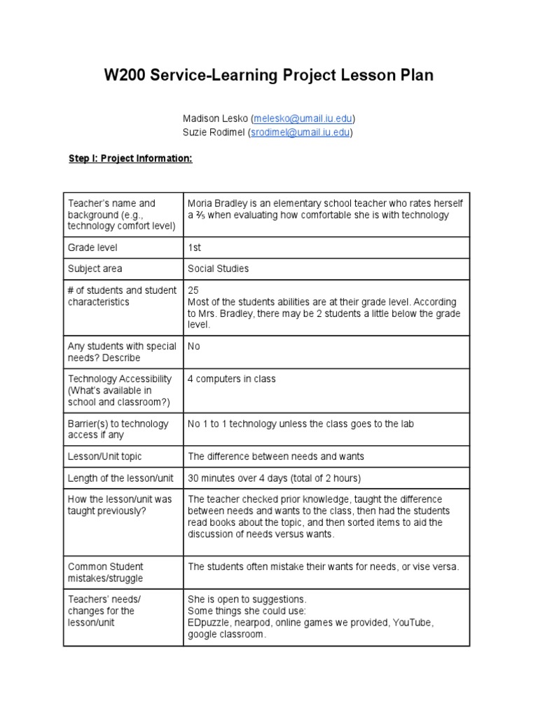 W200 Service-Learning Project Lesson Plan: Step I: Project Information ...
