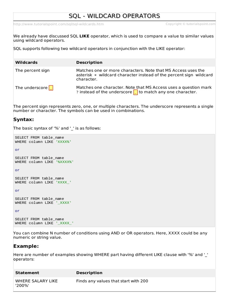 Sql Wildcard Operators Pdf 