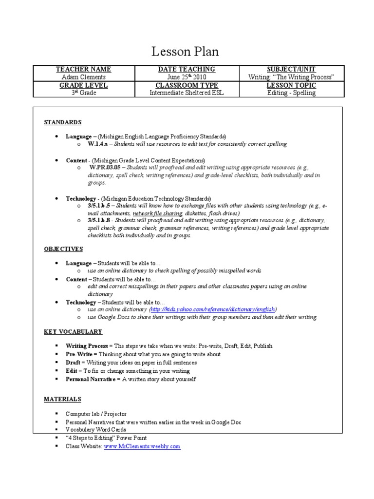 Lesson Plan The Writing Process Editing Spelling | PDF | Spelling | Editing