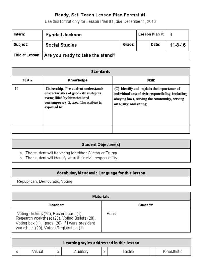 Ready, Set, Teach Lesson Plan Format #1: Standards | PDF | Lesson Plan ...