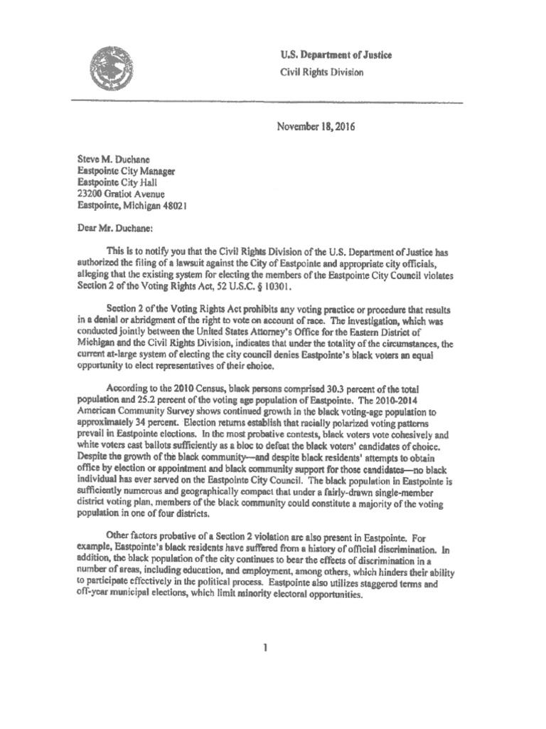 Department of Justice Letter To Eastpointe | PDF