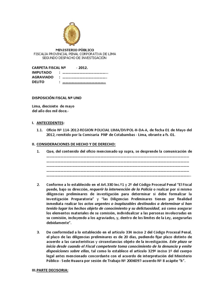 Modelo Inicio Diligencias Preliminares Formalizacion | PDF | Fiscal | Derecho penal