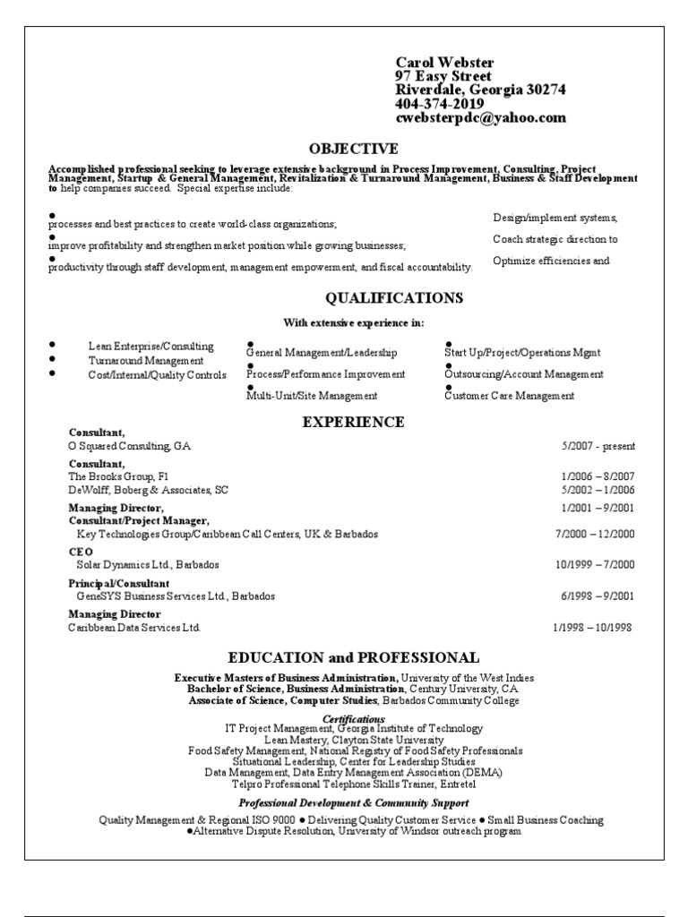 Carol Webster's Resume Summary | PDF | Consultant | Lean Manufacturing