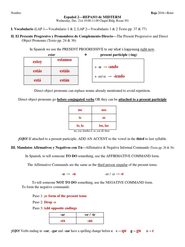 Repaso de Midterm de Esp 2 | PDF | Grammatical Conjugation | Spanish ...