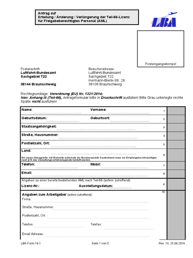 LBA-Form - 19-1 - Part66 Basic AML Application | PDF