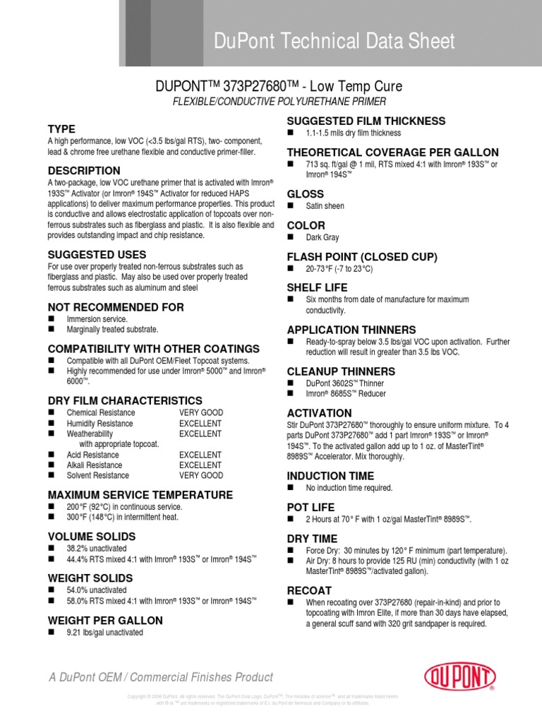 Dupont TDS - 373P27680 Primer | PDF | Volatile Organic Compound | Materials