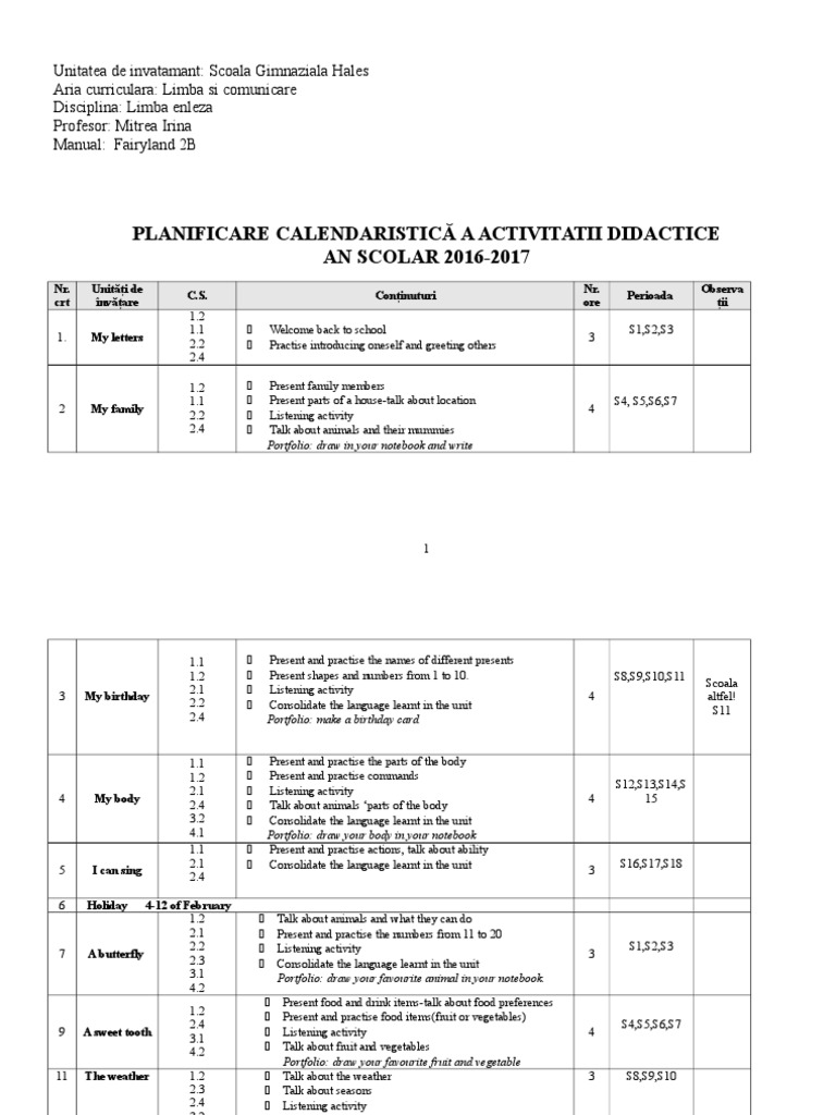 Planificare Calendaristică A Activitatii Didactice AN SCOLAR 2016-2017 | PDF