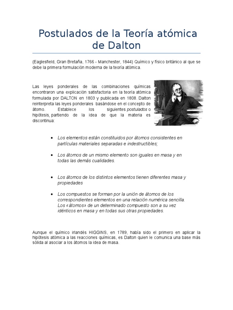 Postulados De La Teoría Atómica De Dalton Pdf átomos Teoría
