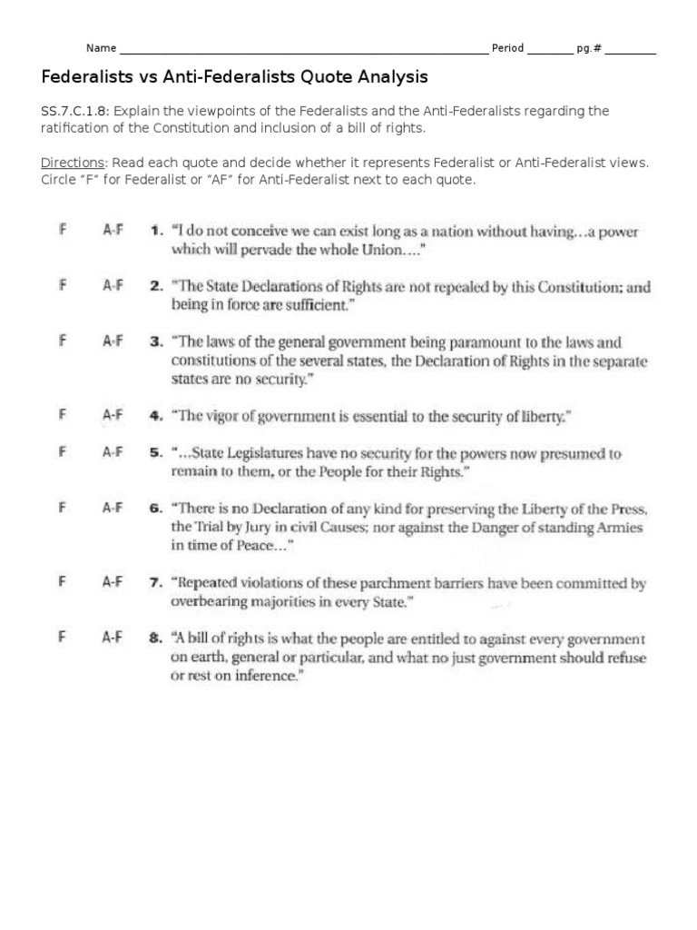 Federalists Vs Anti-Federalists Quote Analysis | PDF