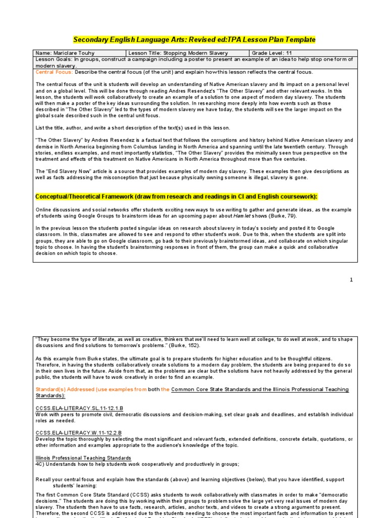 Secondary English Language Arts: Revised ed:TPA Lesson Plan Template ...
